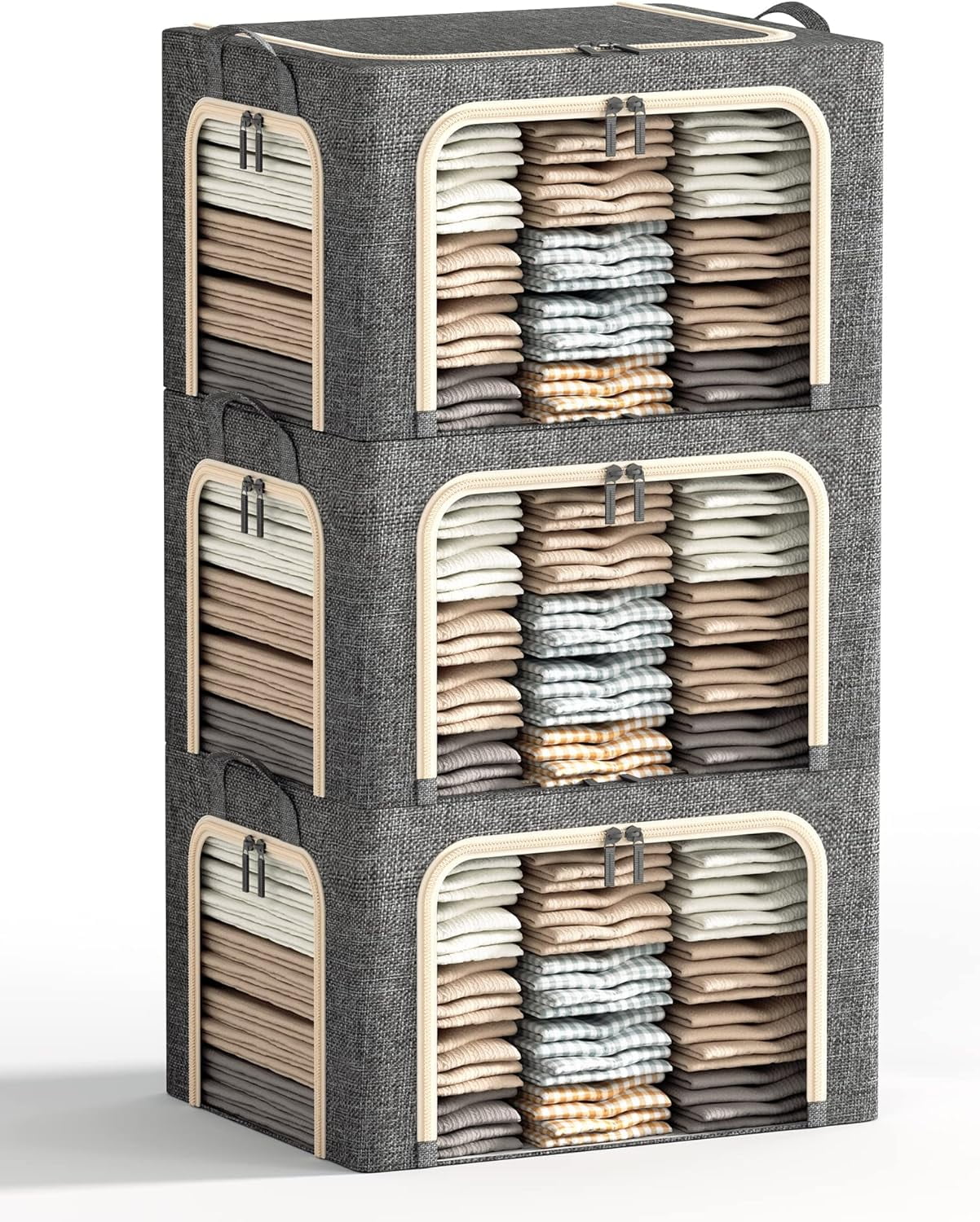 3 Openings Clothes Storage Bins with Metal Frame, Foldable Storage Bin ...