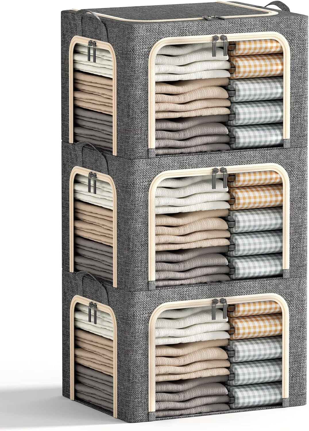 3 Openings Clothes Storage Bins with Metal Frame, Foldable Storage Bin ...