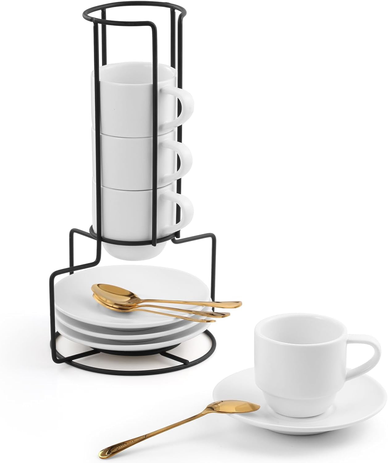 3 Ounce Espresso Cups with Saucers, Spoons and Metal Stand, Small ...