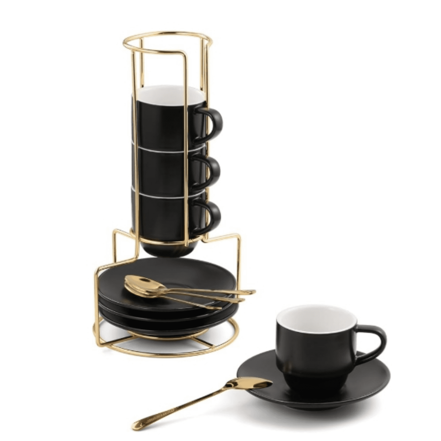 3 Ounce Espresso Cups with Saucers, Spoons and Metal Stand, Small ...