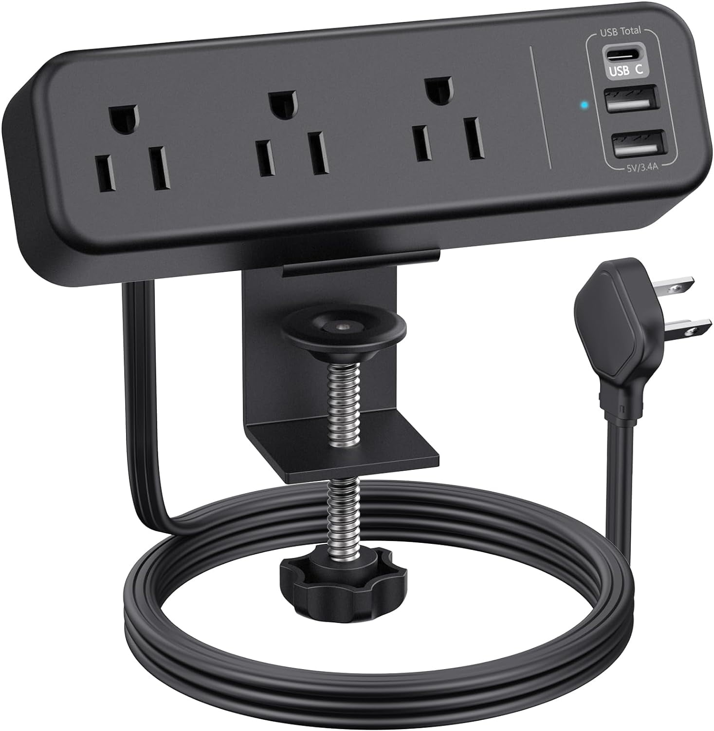 3 Outlet Desk Clamp Power Strip with USB C, Black Flat Plug Desktop ...