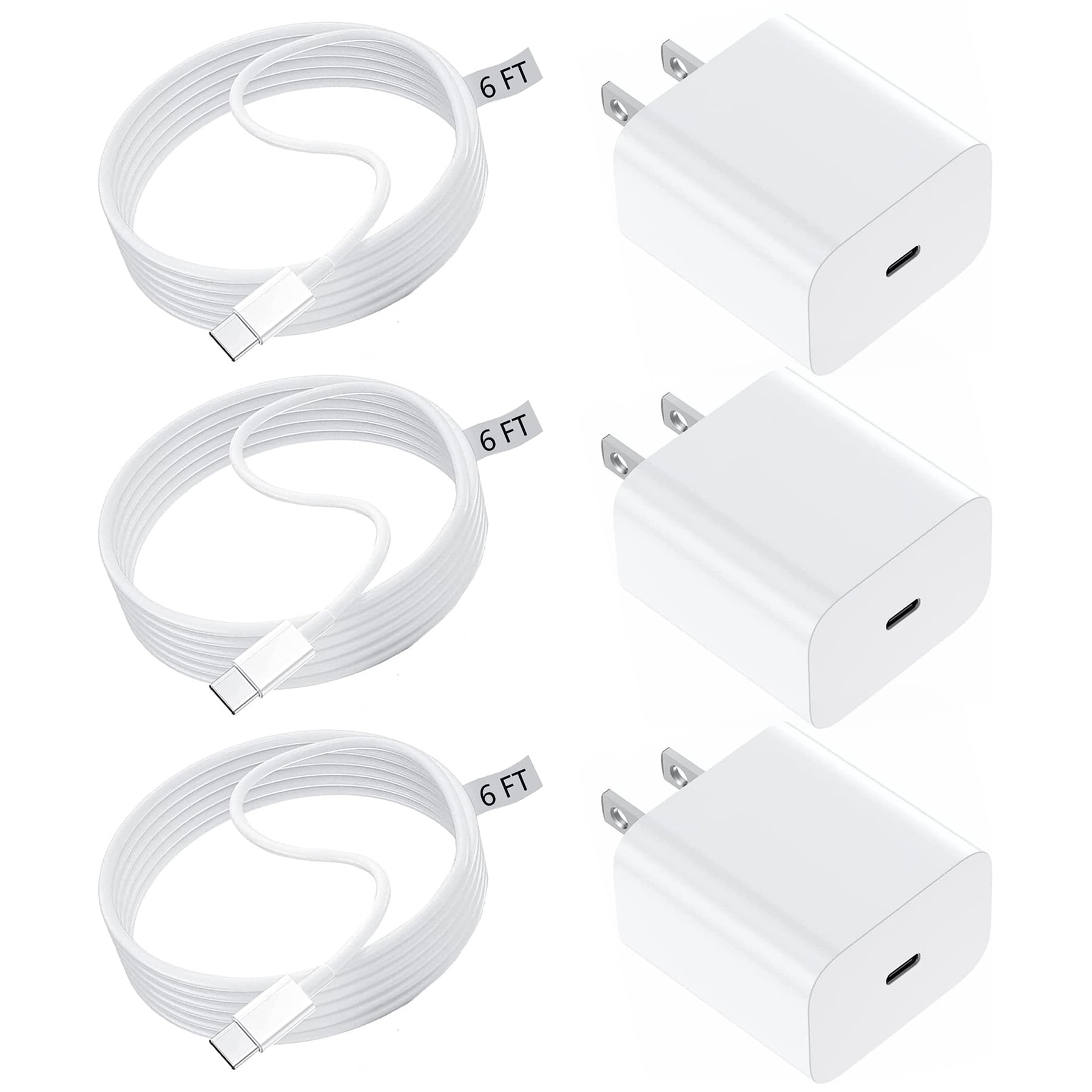 3-PACK 6Ft Charging Cable + Wall Charger Power Adapter Plug Block ...