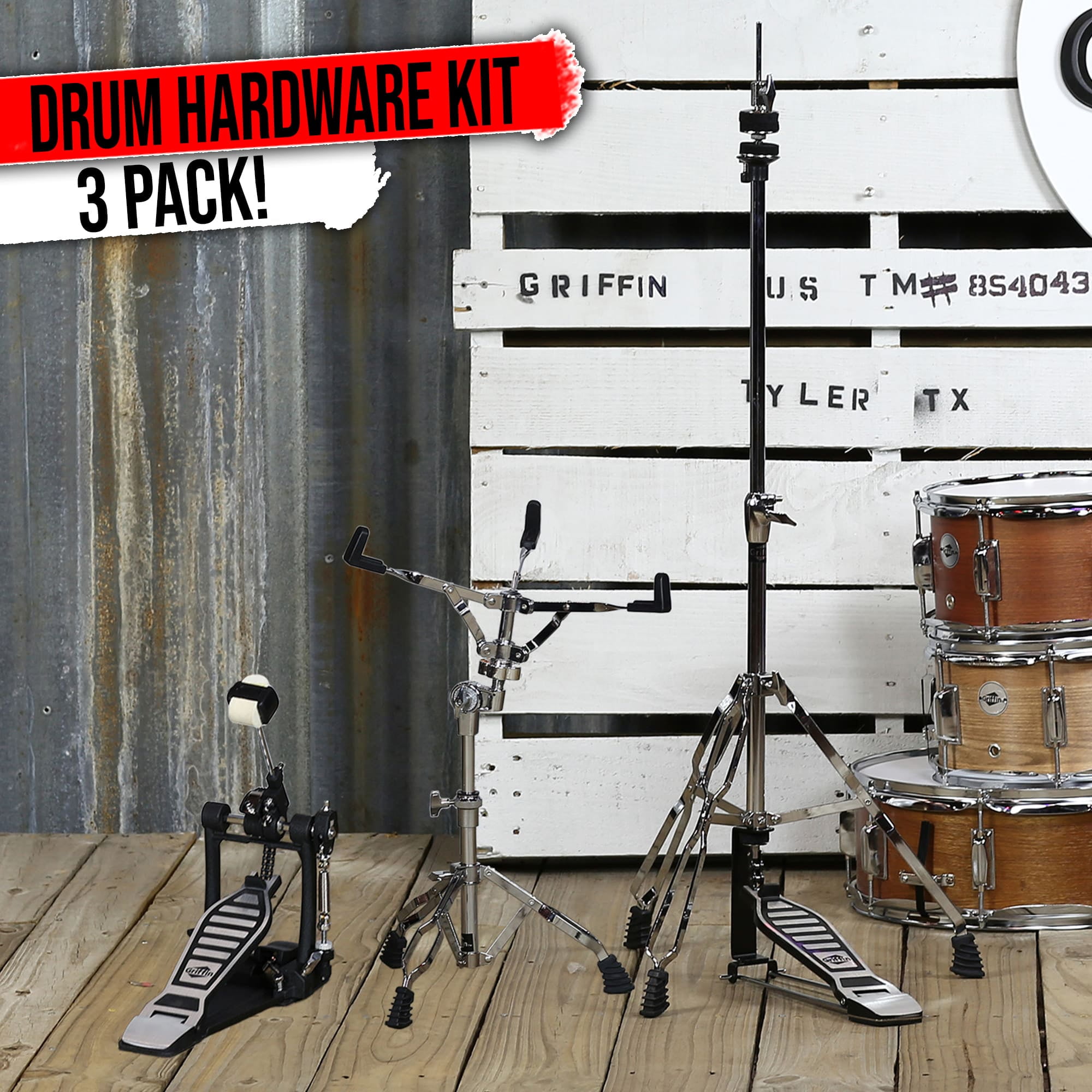 3-PACK Kick Drum Foot Pedal, Snare Stand & Hi-Hat Pedal Griffin ...