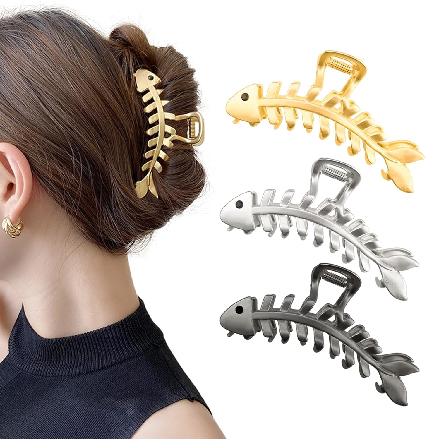 3 PACK Large Metal Hair Claw Clips Fish Bone Shape Hairpin Tail Hair ...