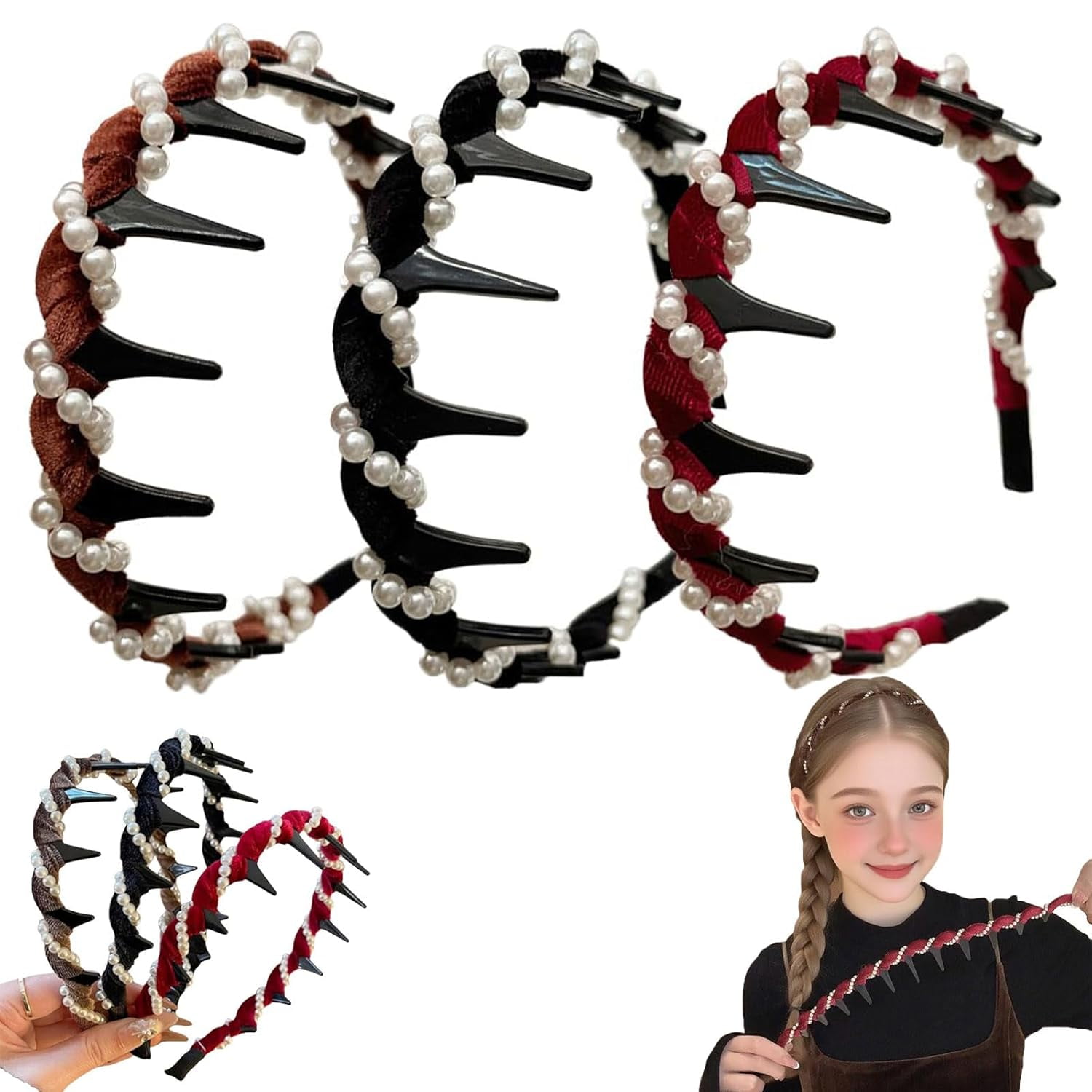 3 PACK Vintage High Cranium Artificial Pearl Hairband, 2025 New Elegant ...