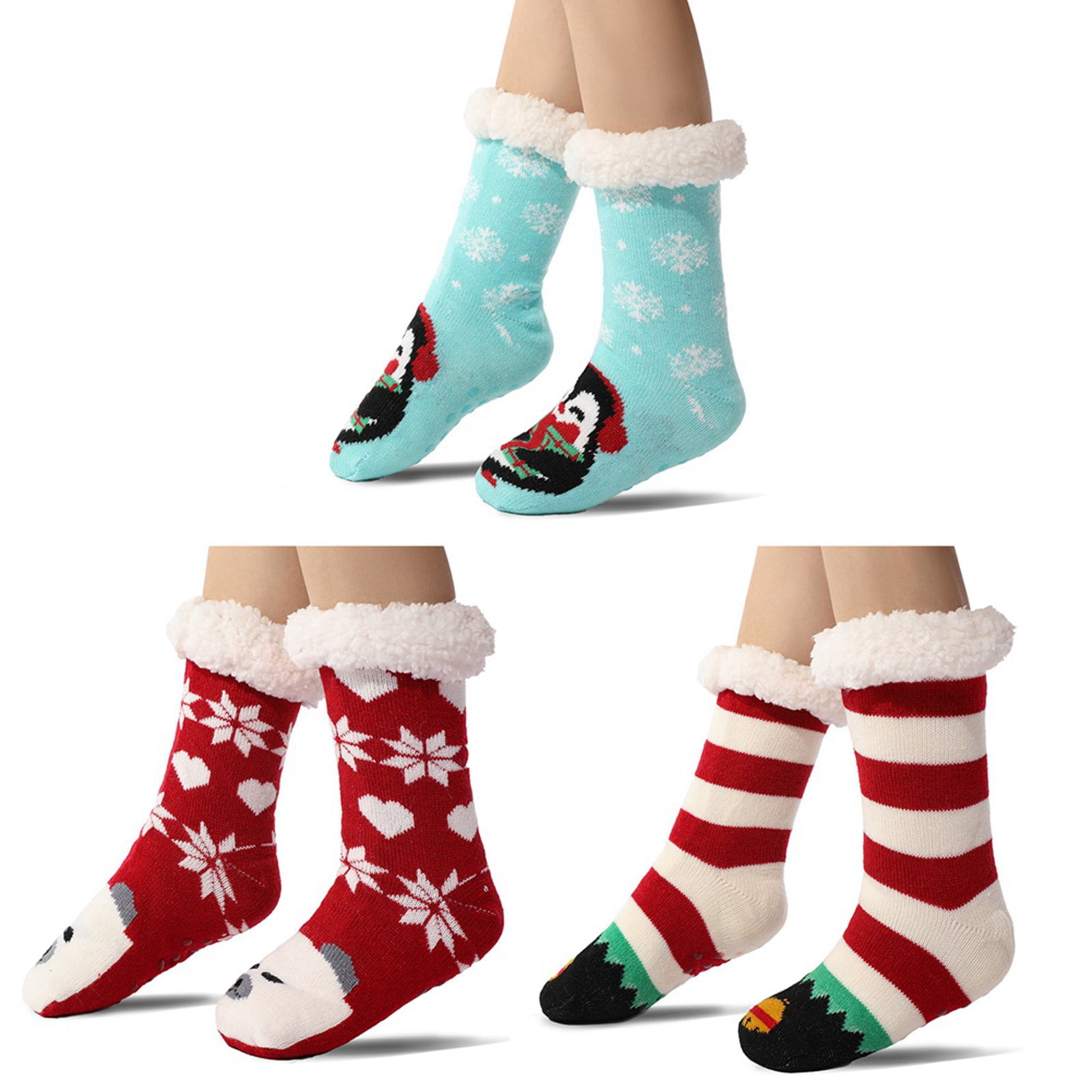 3 PACK Women's Girls Adult Kids Christmas Fuzzy Slipper Socks with Non ...