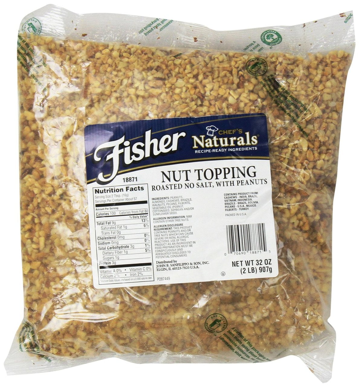 3 PACKS : Fisher Nut Topping, Roasted No Salt, 30% Peanuts, 2-Pound ...