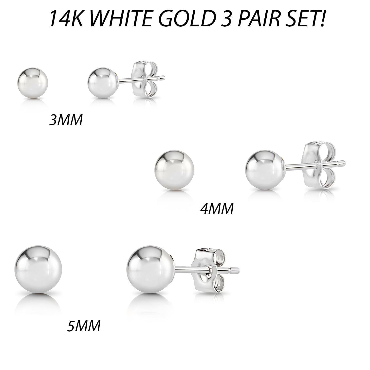 3 PAIR SET! 14K White Gold Polished Ball Stud Post Earrings with Secure ...