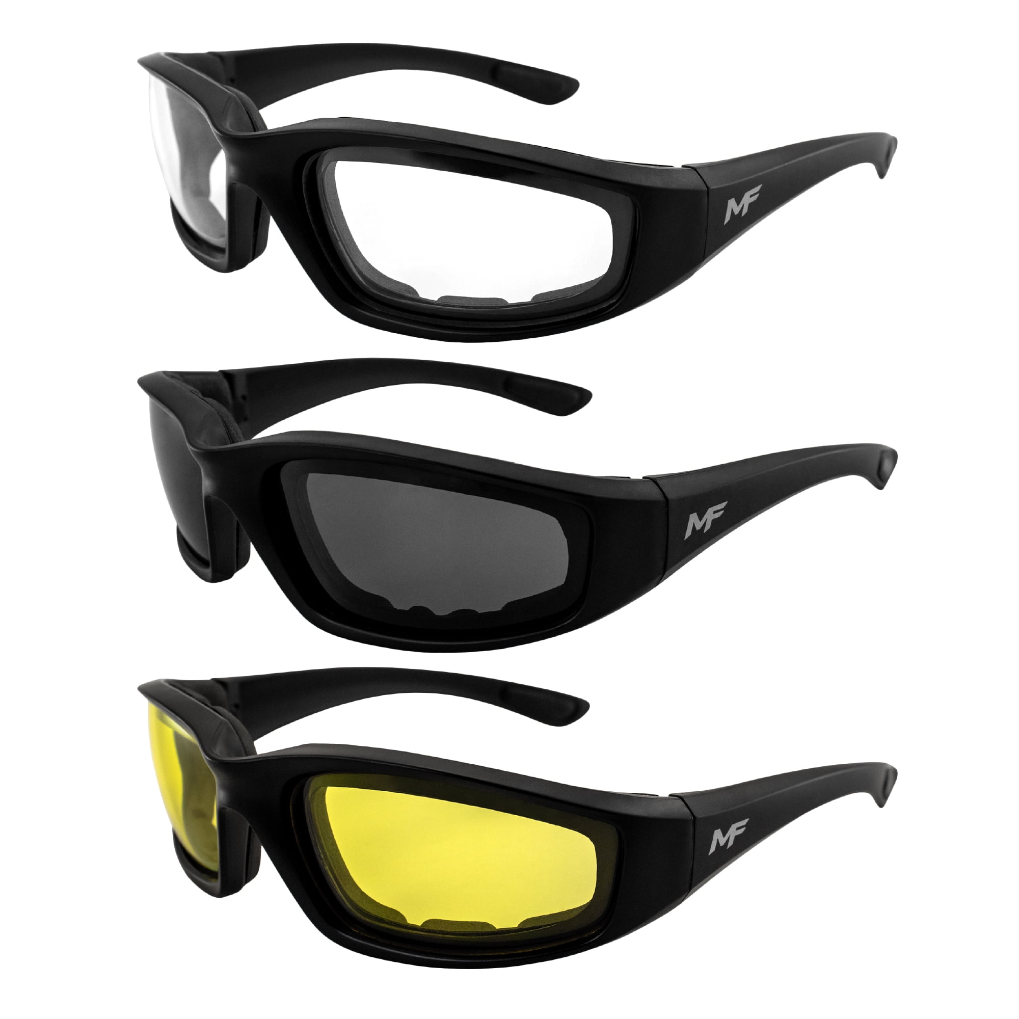 3 PAIRS: PADDED MOTORCYCLE RIDING GLASSES - DAY NIGHT SMOKED CLEAR ...