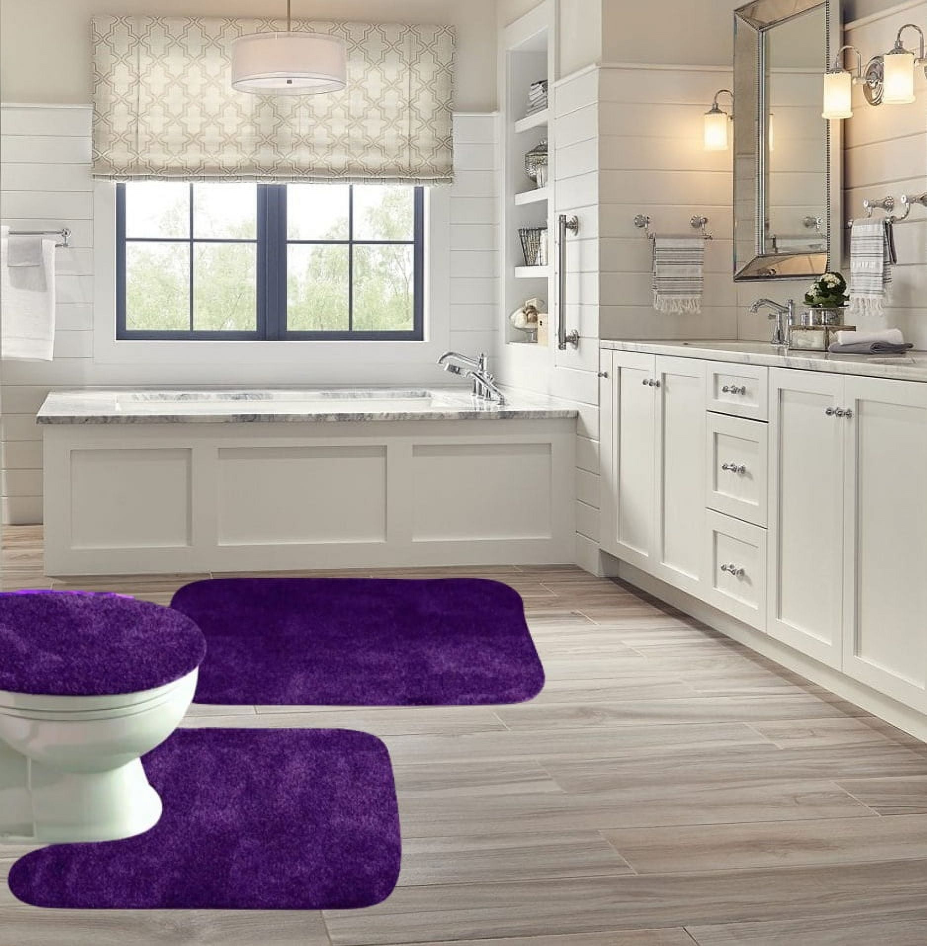3-Piece Purple Bathroom Mat Set: Contour Mat, Toilet Lid Cover, Ultra ...