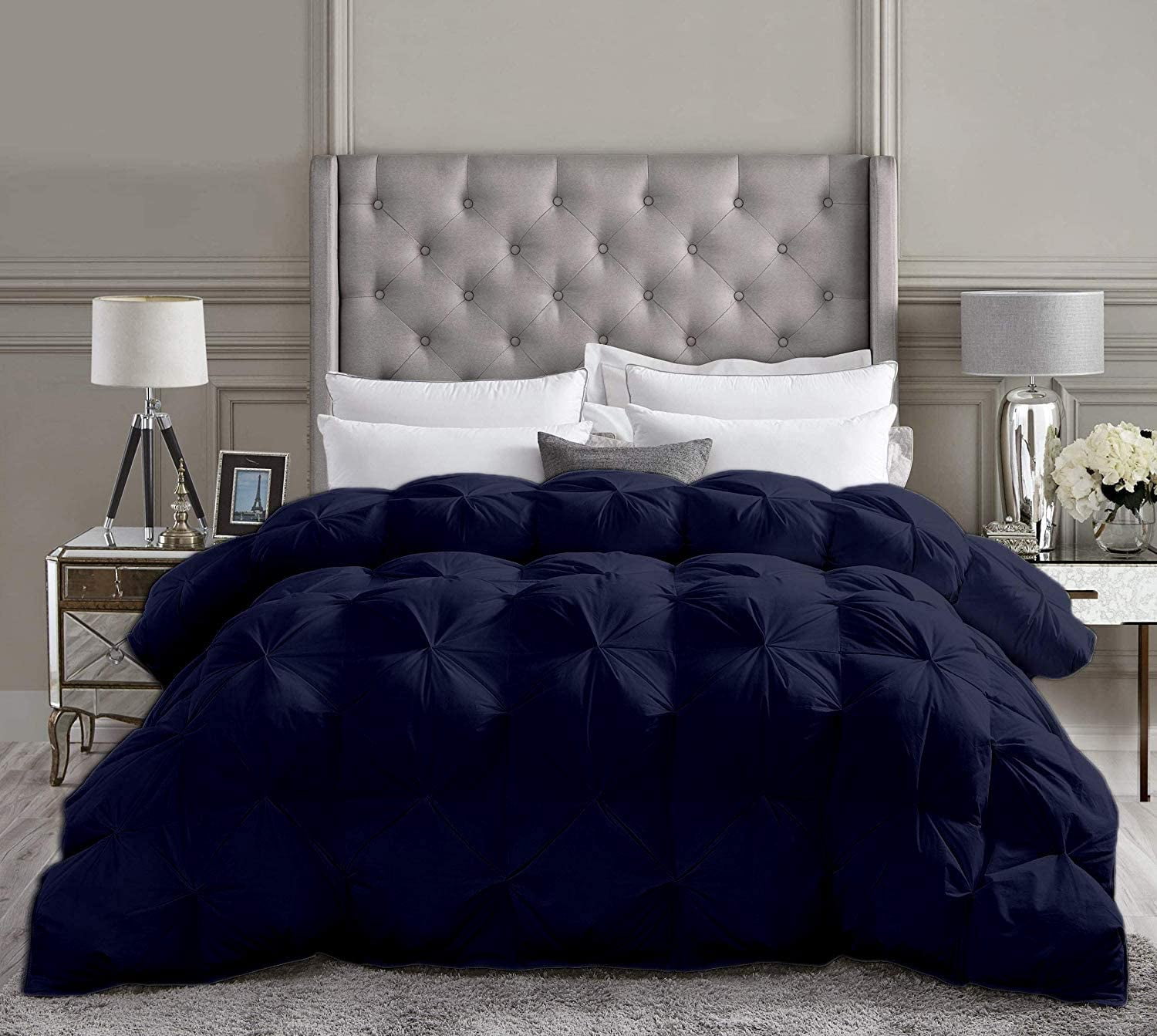 3 PC Bedding Comforter Set, -King-Navy Pinch Pleated Design Comforter ...