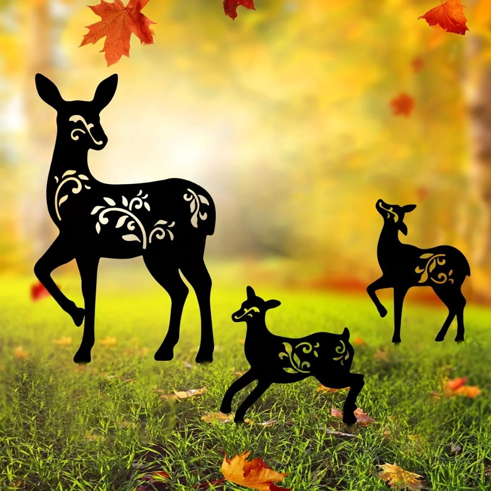 3 PC Black Metal Iron Three Deer Garden Decorative Ground Plugs ...