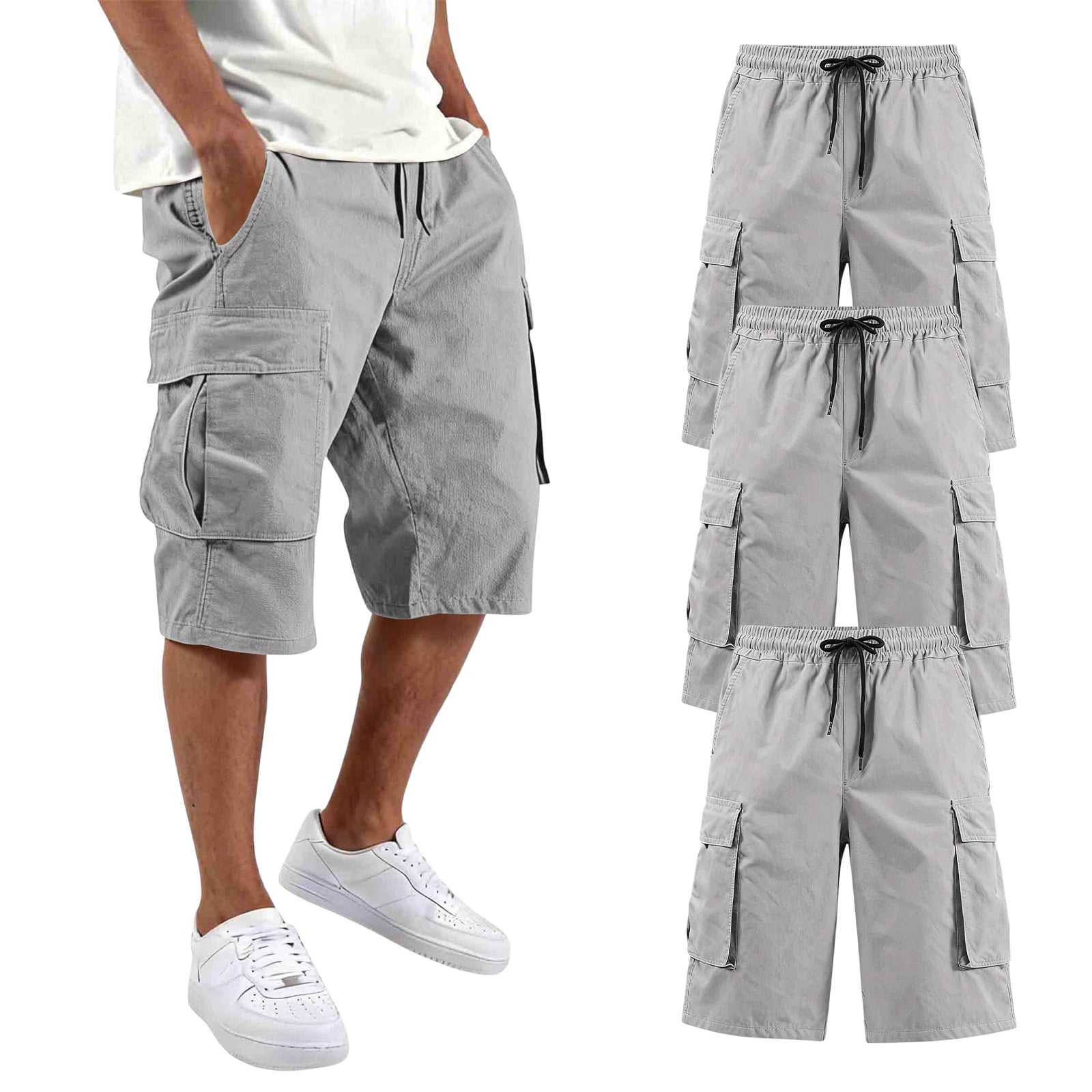 3 PC Cargo Shorts for Men Elastic Waist Drawstring Athletic Hiking ...