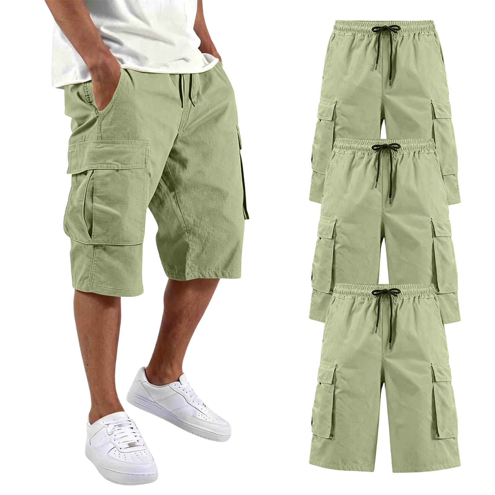3 PC Cargo Shorts for Men Elastic Waist Drawstring Athletic Hiking ...