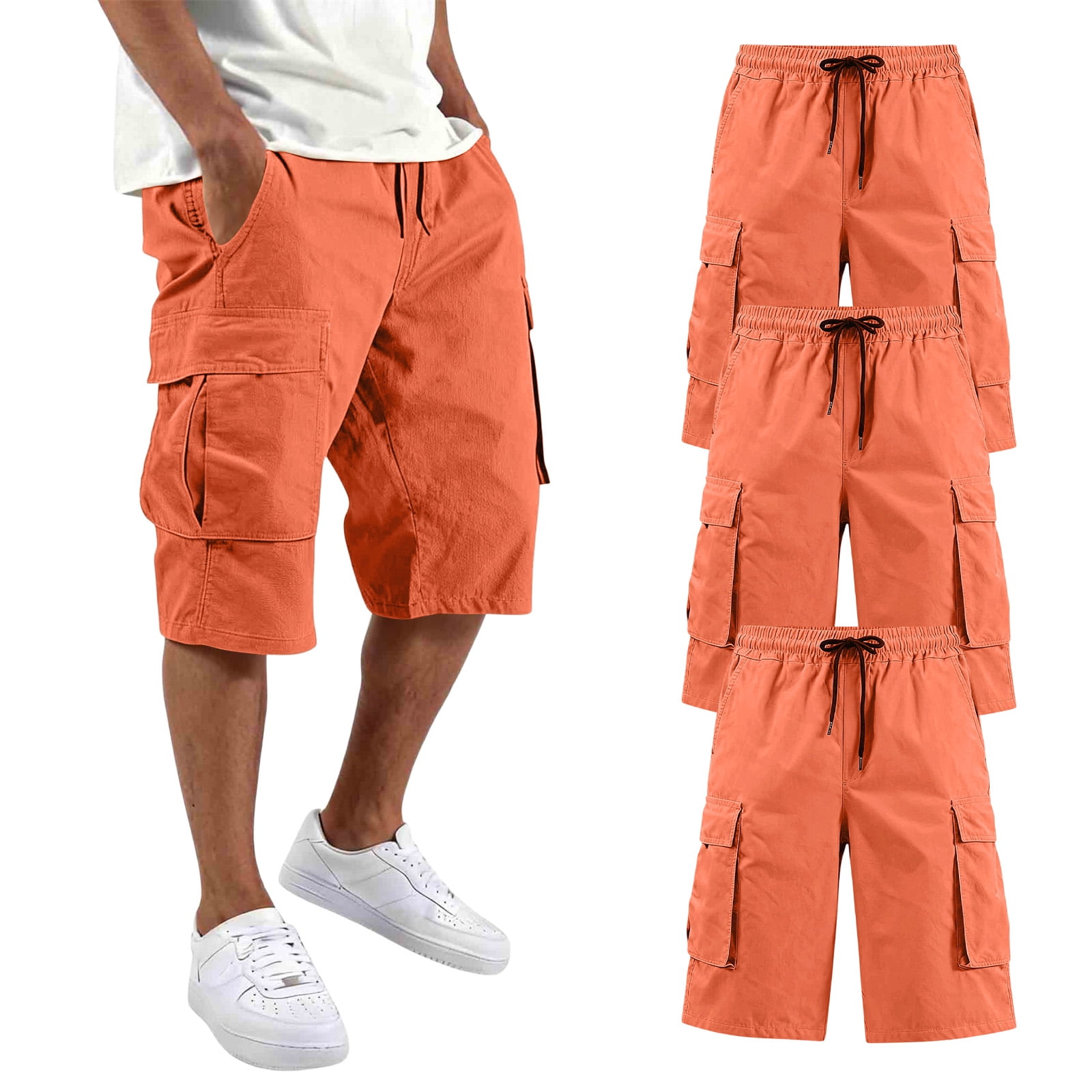 3 PC Cargo Shorts for Men Elastic Waist Drawstring Athletic Hiking ...