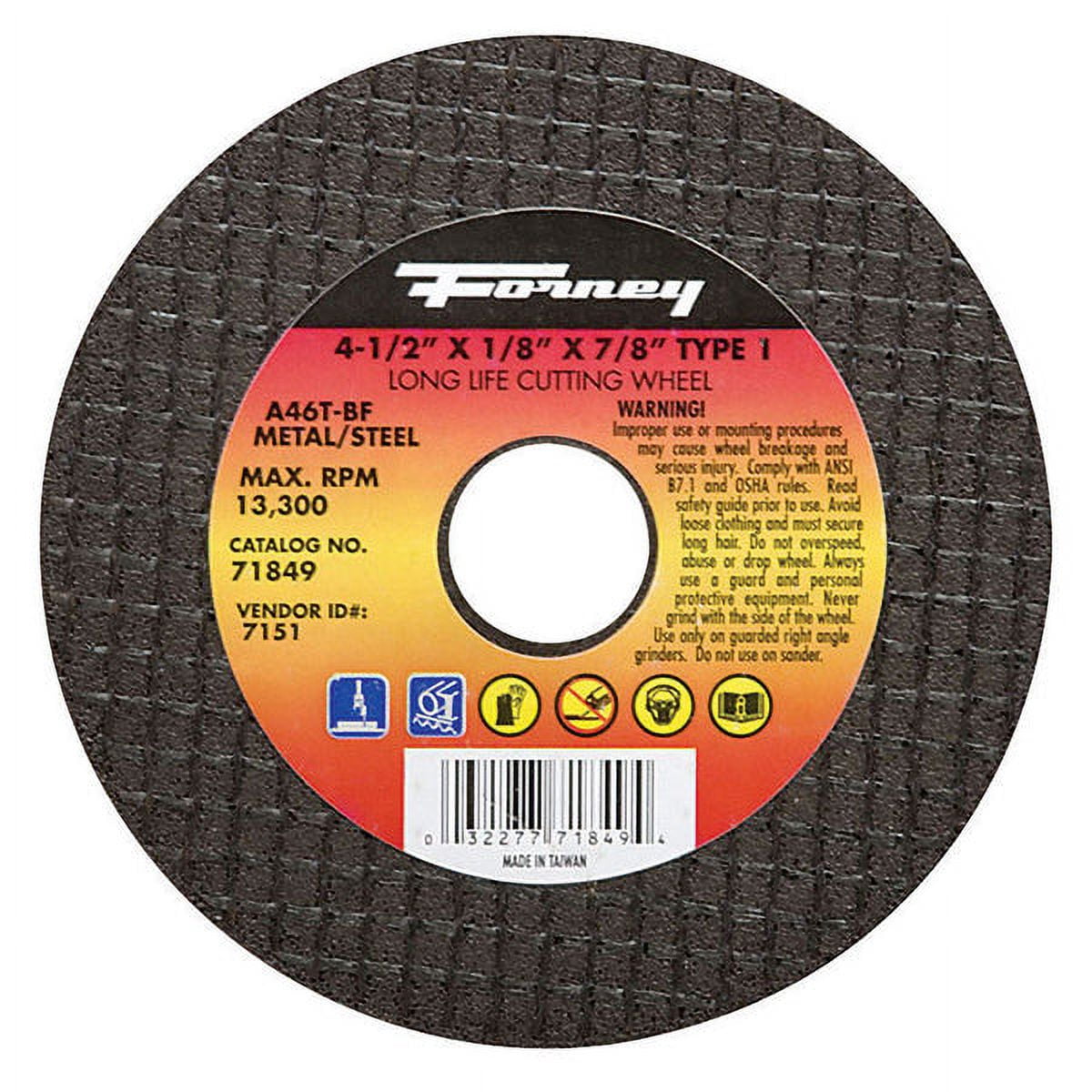 3 PC Forney 4-1/2 in. D X 7/8 in. Aluminum Oxide Metal Cut-Off Wheel 1 ...