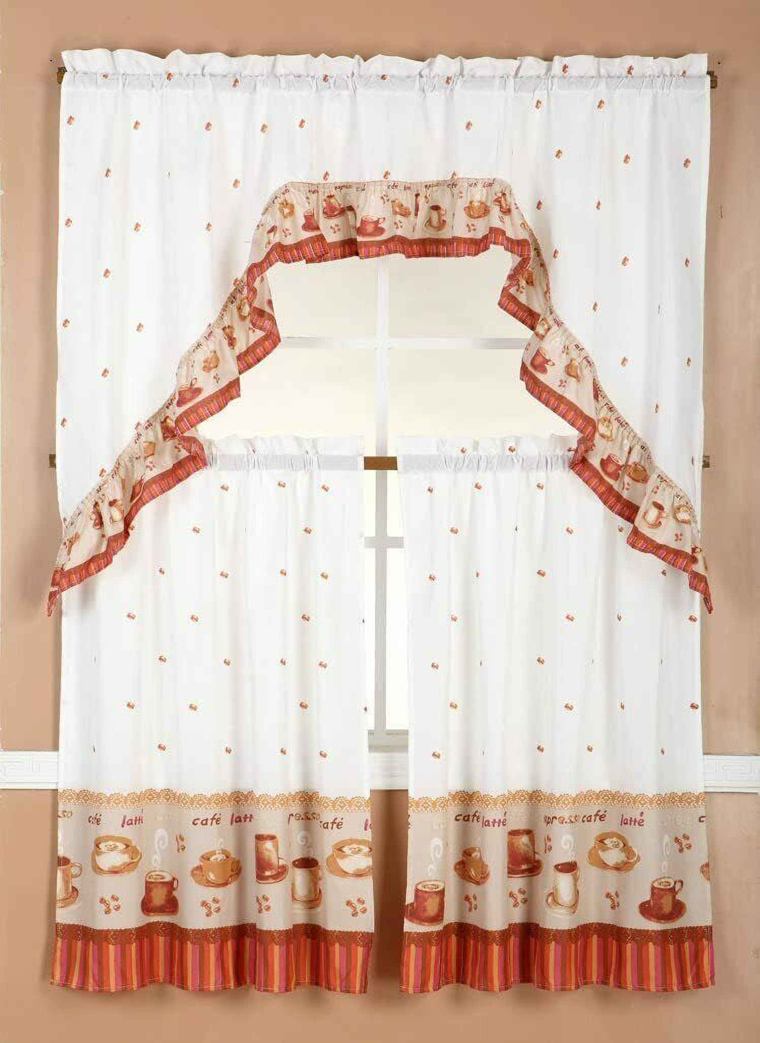 3 PC Kitchen Curtain Set Embroidered Ruffled Swag Valance & Tiers RT ...