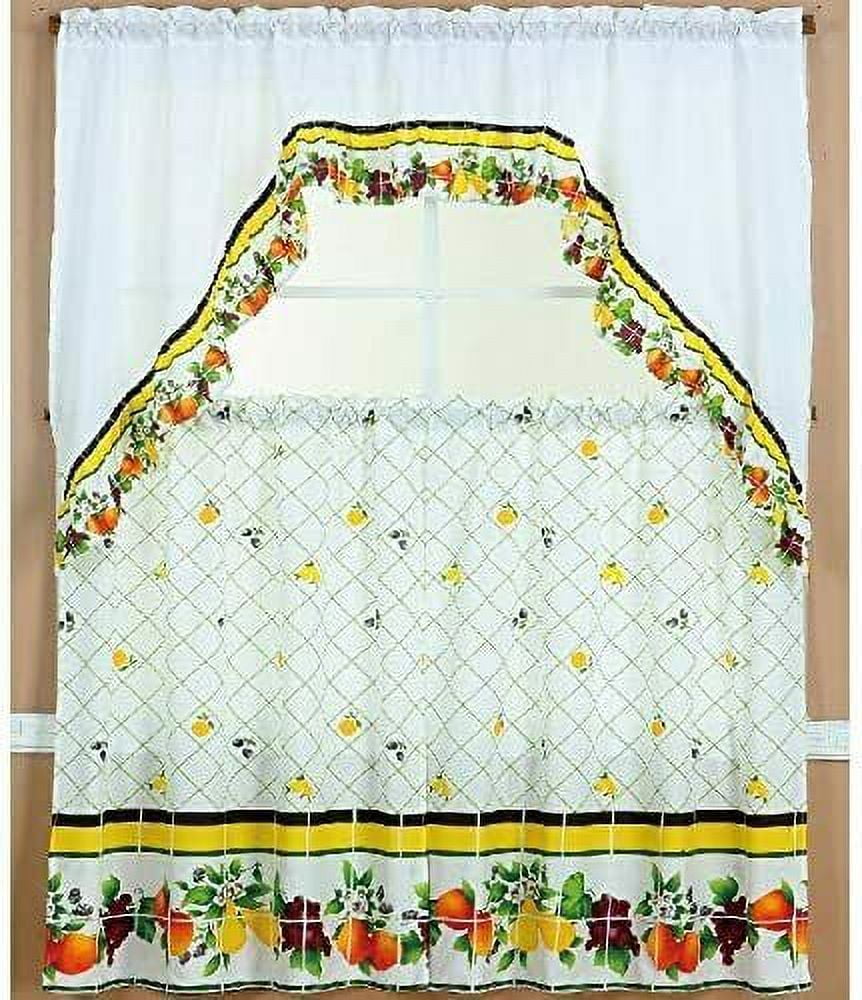 3 PC Kitchen Curtain Set Embroidered Ruffled Swag Valance & Tiers RT ...