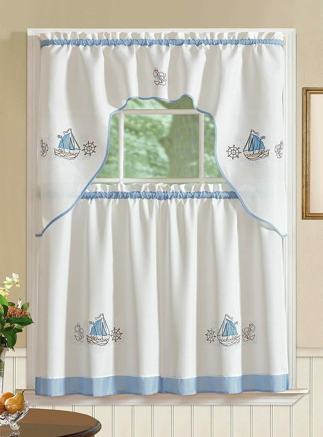 3 PC Kitchen Curtain Set Embroidered Ruffled Swag Valance & Tiers RT ...