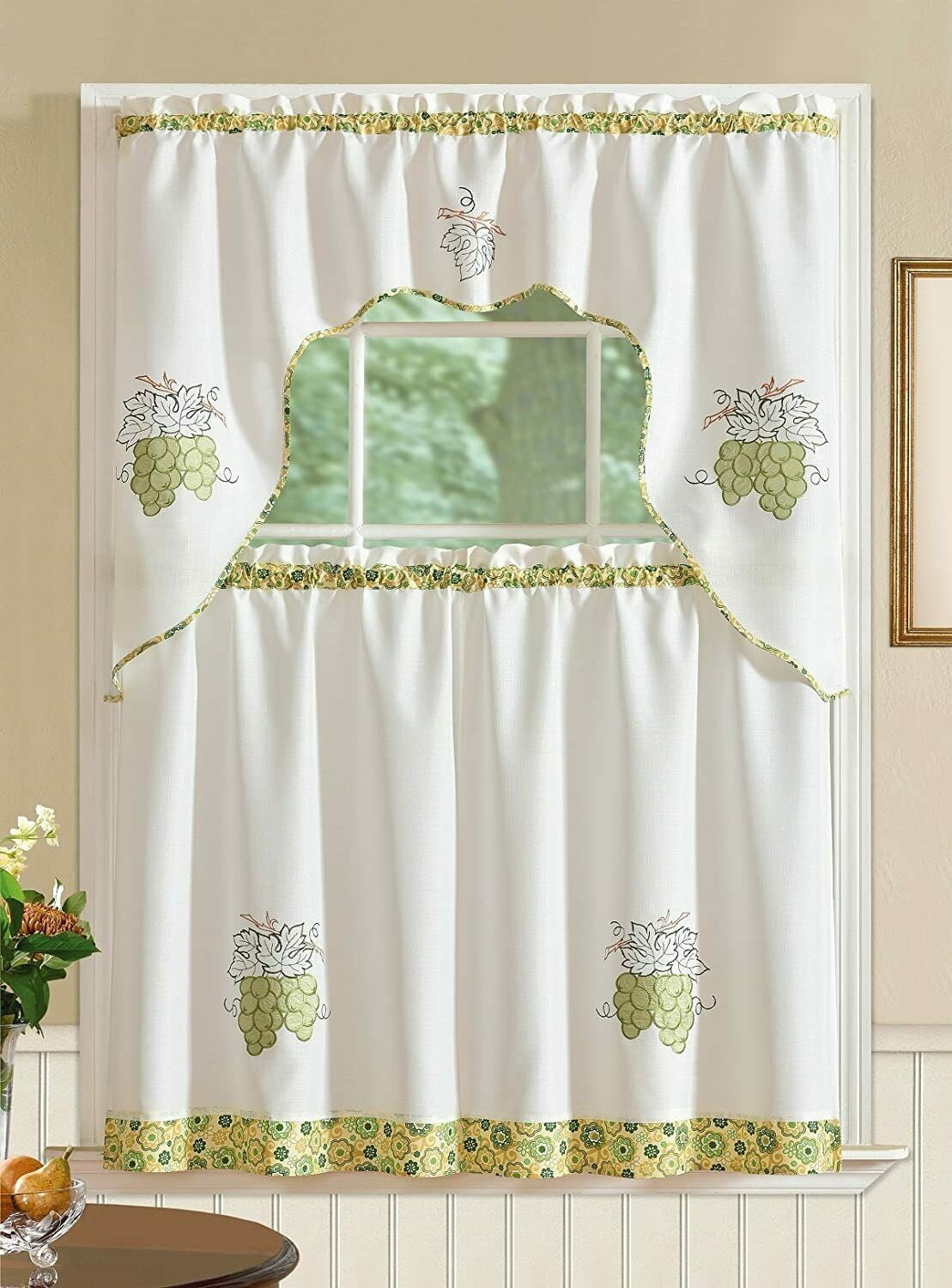3 PC Kitchen Curtain Set Embroidered Ruffled Swag Valance & Tiers RT ...