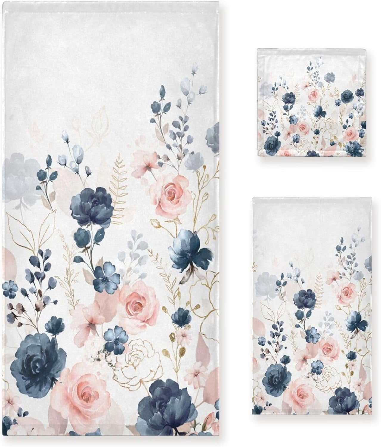 3 PC Navy Blue Floral Bath Towels Set,Pink White Blossom Flowers ...