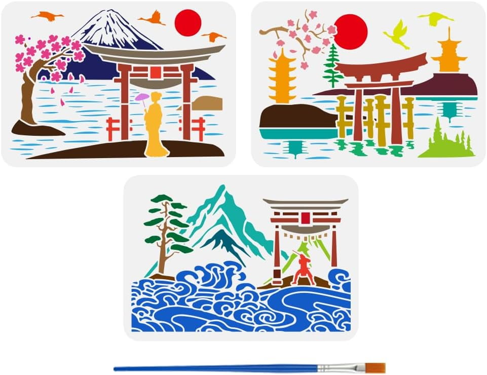 3 PCS 3 Styles Torii Gate Painting Stencil with 1 Pc Paint Brush 8.3x11 ...