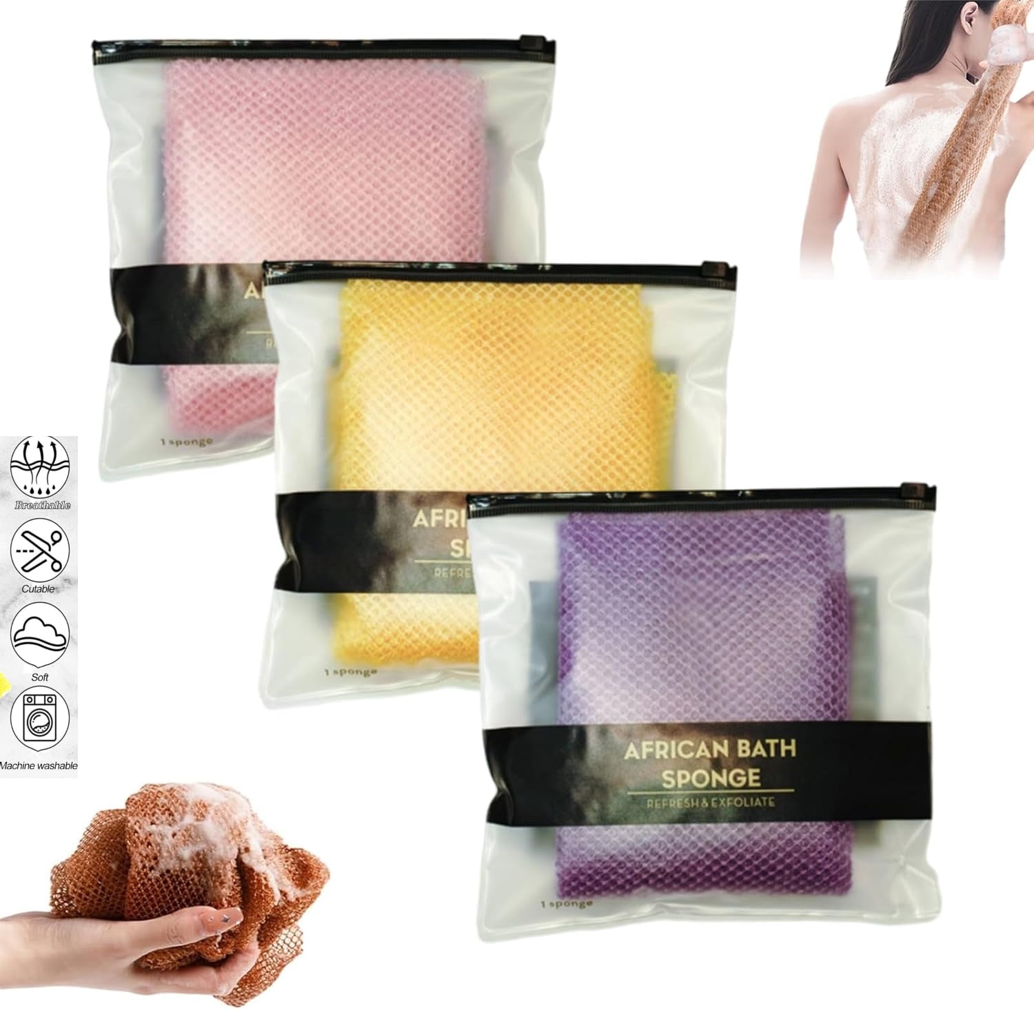 3 PCS Afro Scrub African Net Sponge, AfroScrub African Exfoliating Net ...