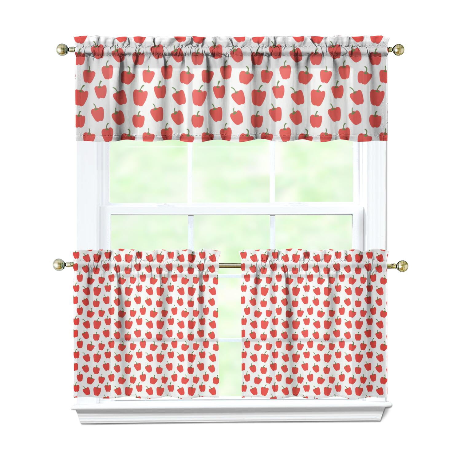 3 PCS Apple Print Kitchen Curtains Set - Red & Green Cartoon Fruit ...