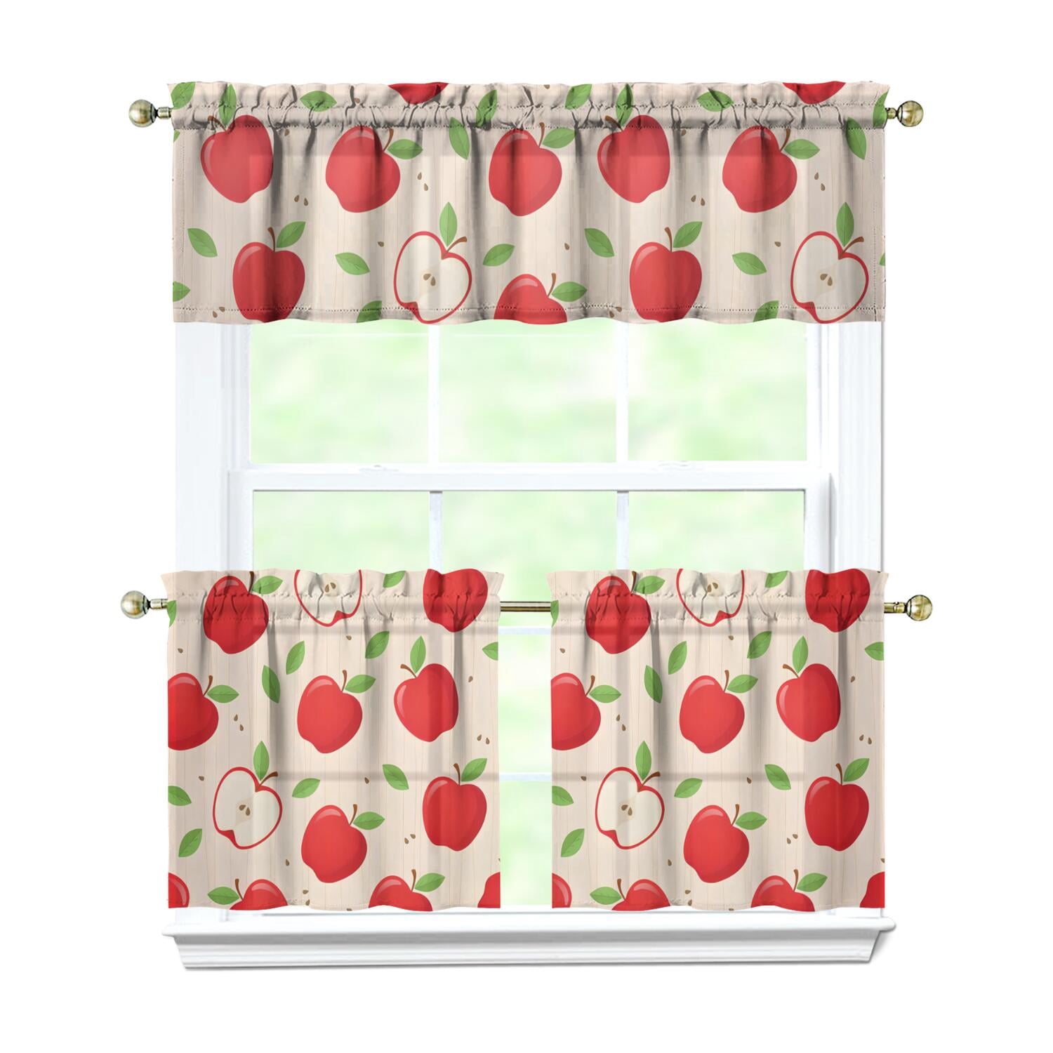 3 PCS Apple Print Kitchen Curtains Set - Red & Green Cartoon Fruit ...