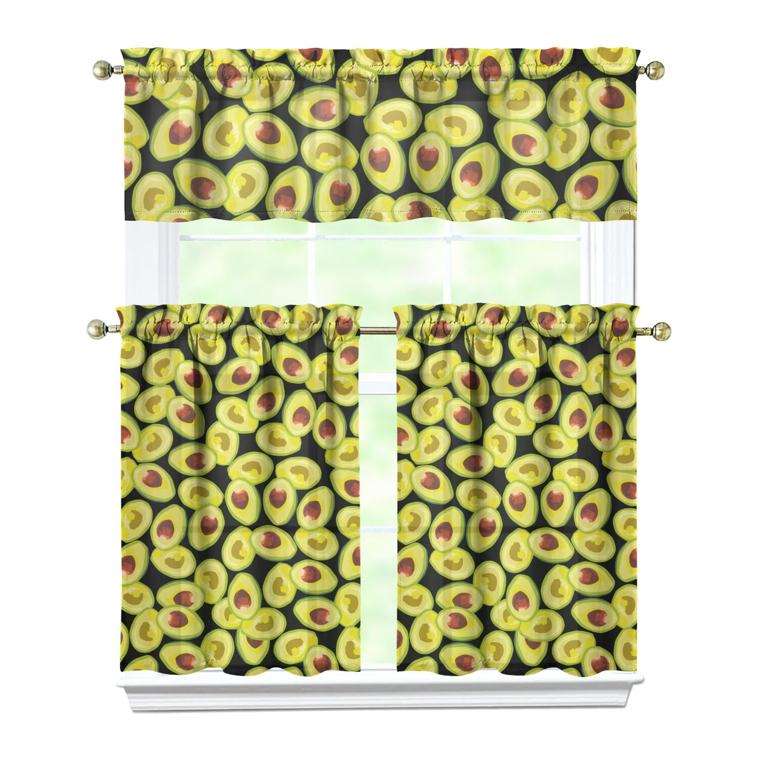 3 PCS Avocado Print Kitchen Curtains Set - Green Fruit Pattern Tier ...