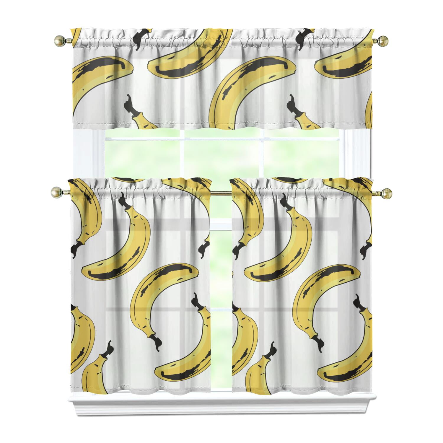 3 PCS Banana Print Kitchen Curtains Set with Valance - Tropical Fruit ...