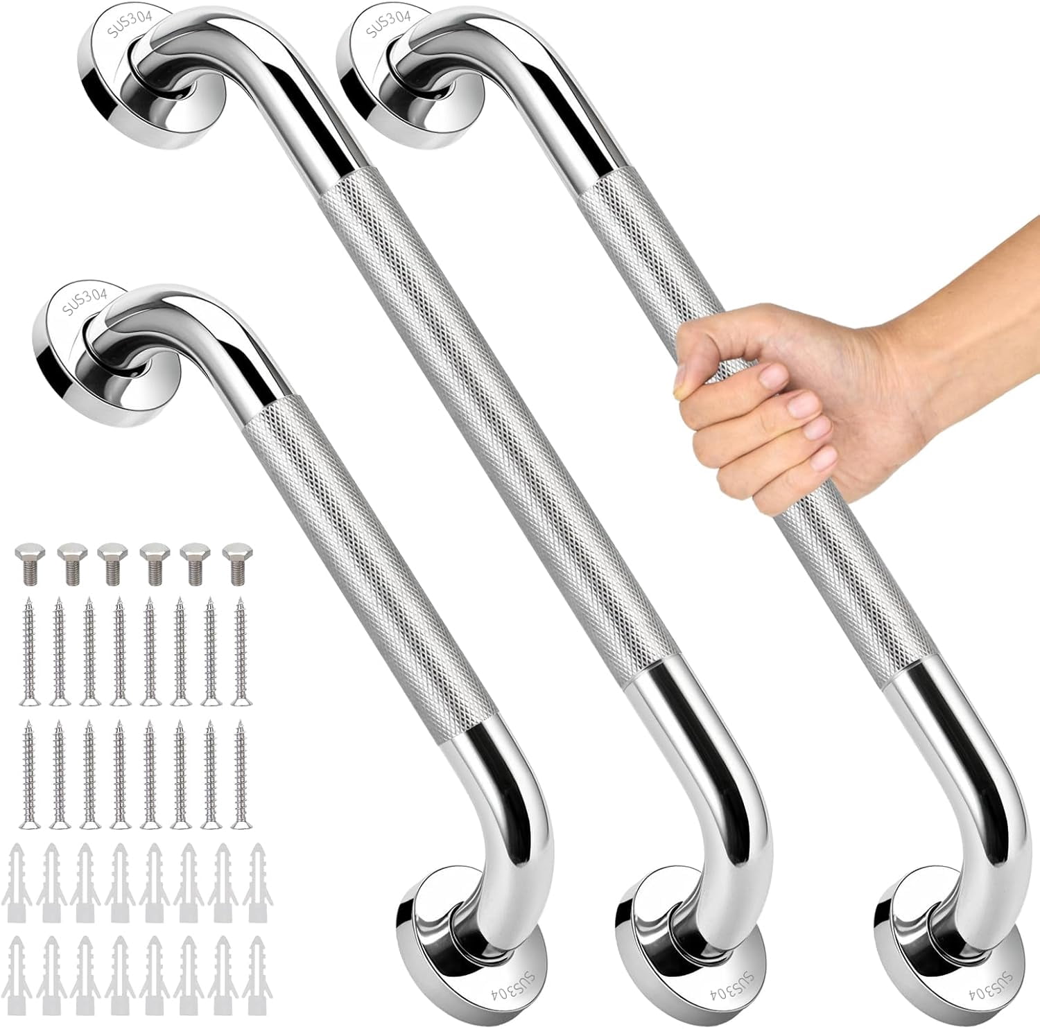 3 PCS Bathroom Grab Bars for Seniors, 12 & 16 Inch Non-Slip Stainless ...