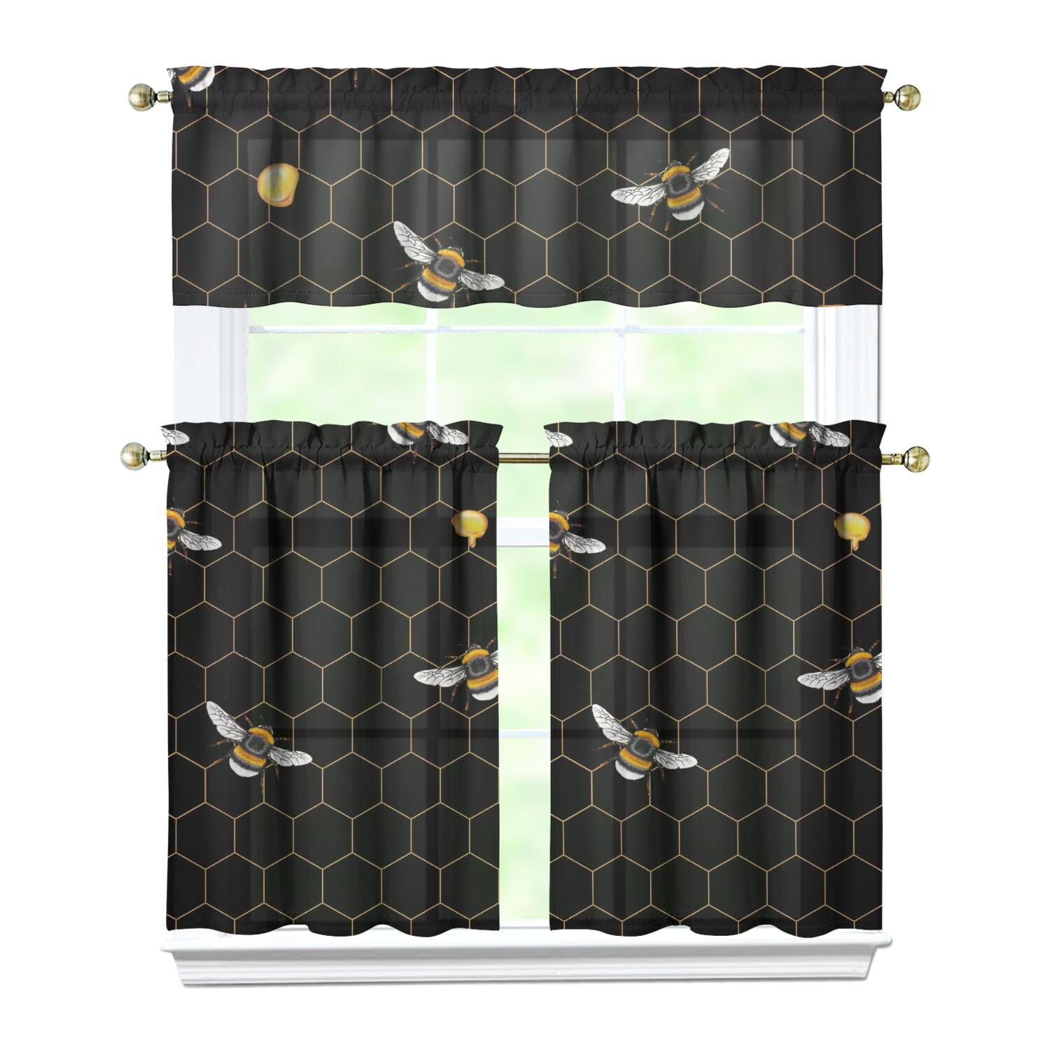 3 PCS Bee Print Kitchen Curtains Set with Valance - Honeycomb & Bumble ...