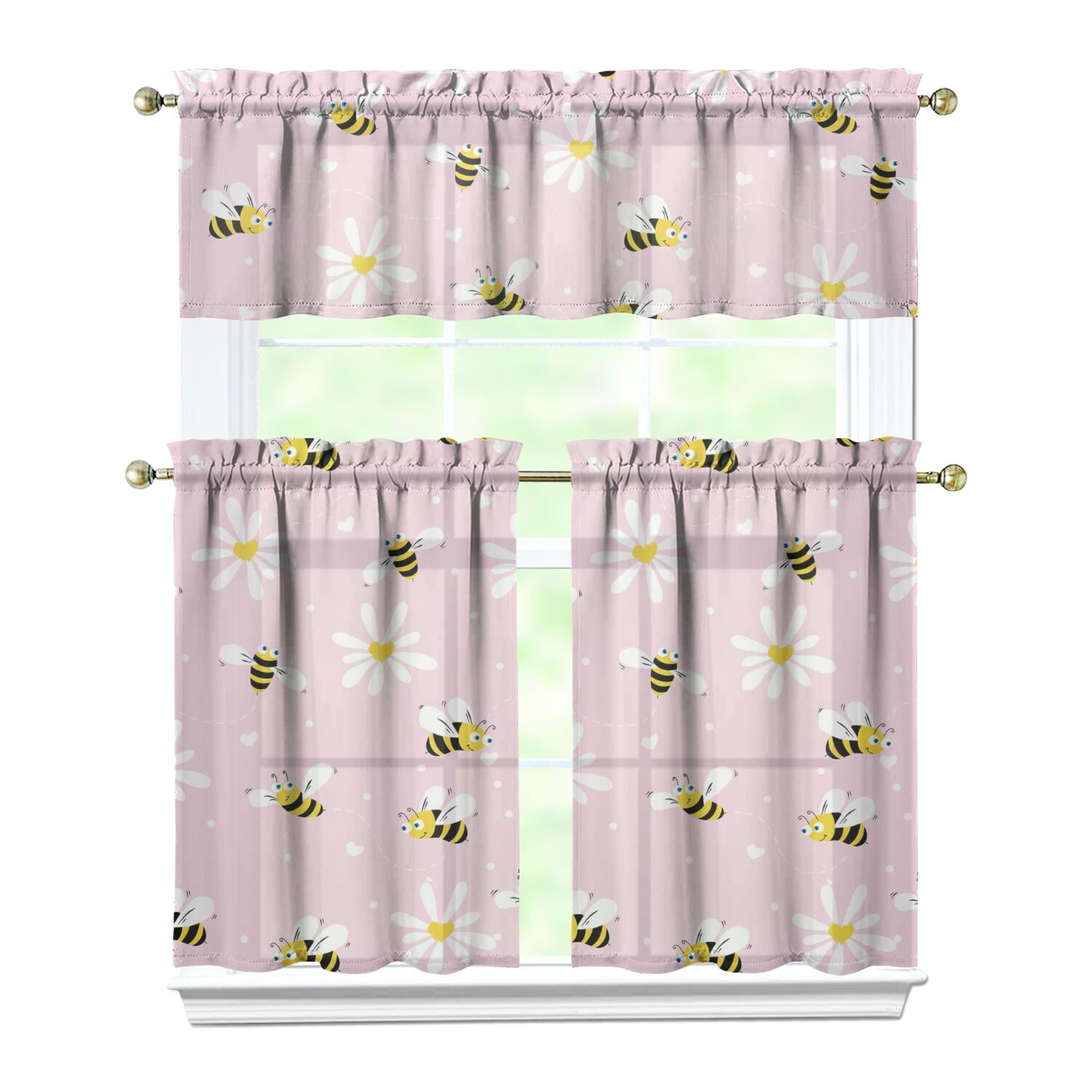 3 PCS Bee Print Kitchen Curtains Set with Valance - Honeycomb & Bumble ...