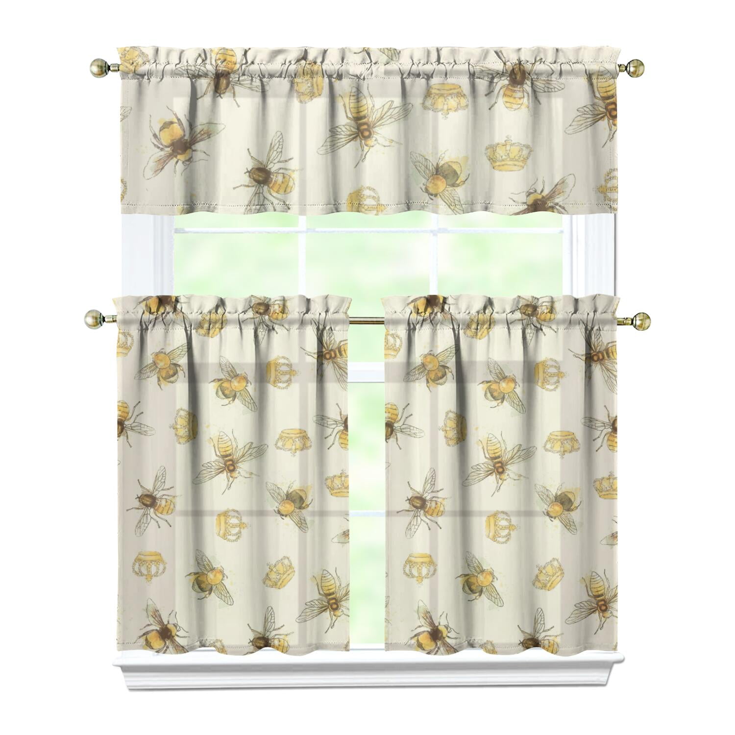 3 PCS Bee Print Kitchen Curtains Set with Valance - Honeycomb & Bumble ...