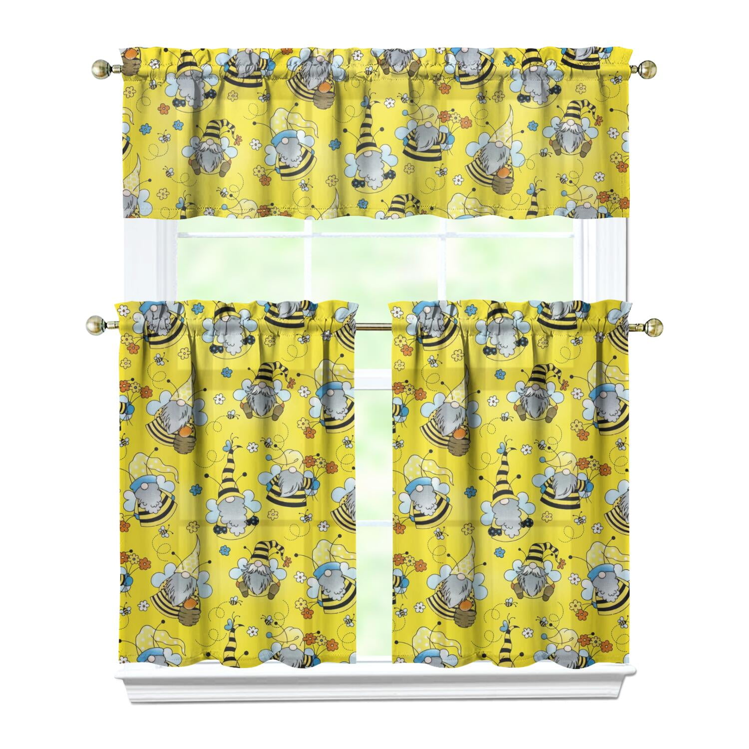 3 PCS Bee Print Kitchen Curtains Set with Valance - Honeycomb & Bumble ...