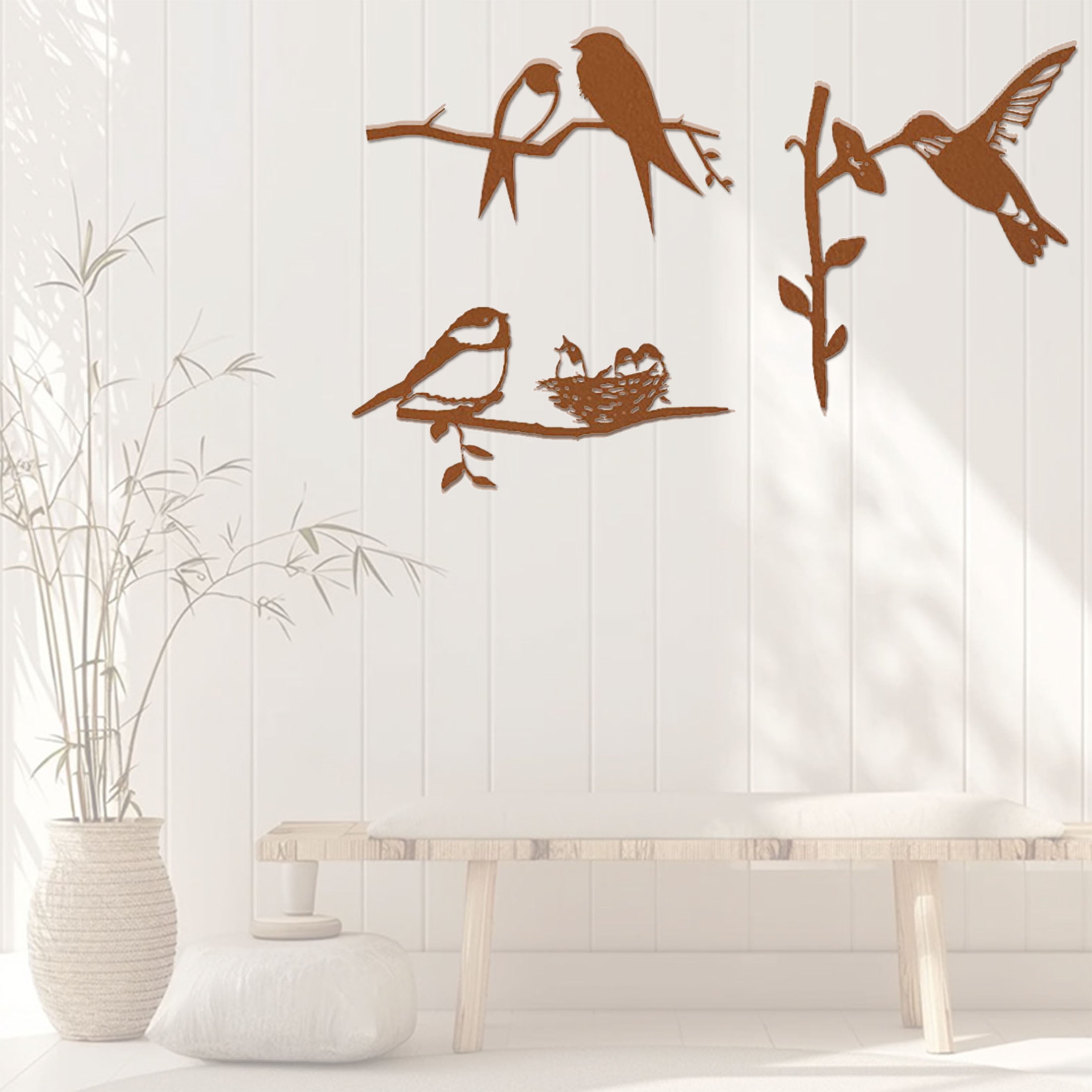 3 PCS Birds on The Branch Metal Bird Statue Metal Bird Silhouette Wall ...