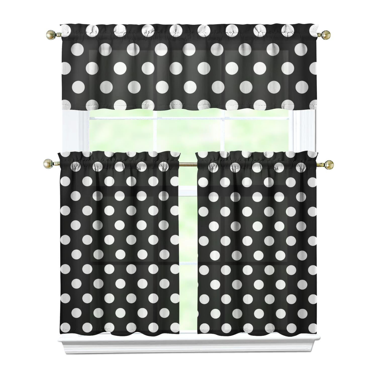 3 PCS Black and White Polka Dot Kitchen Curtains Set with Valance - Semi-Sheer Tier & Caf ...