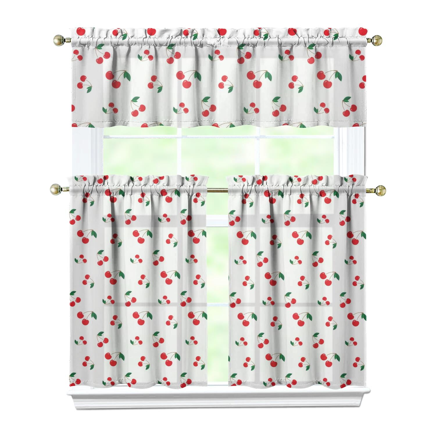 3 PCS Cherry Print Kitchen Curtains Set - Cute Fruit Pattern Tier ...