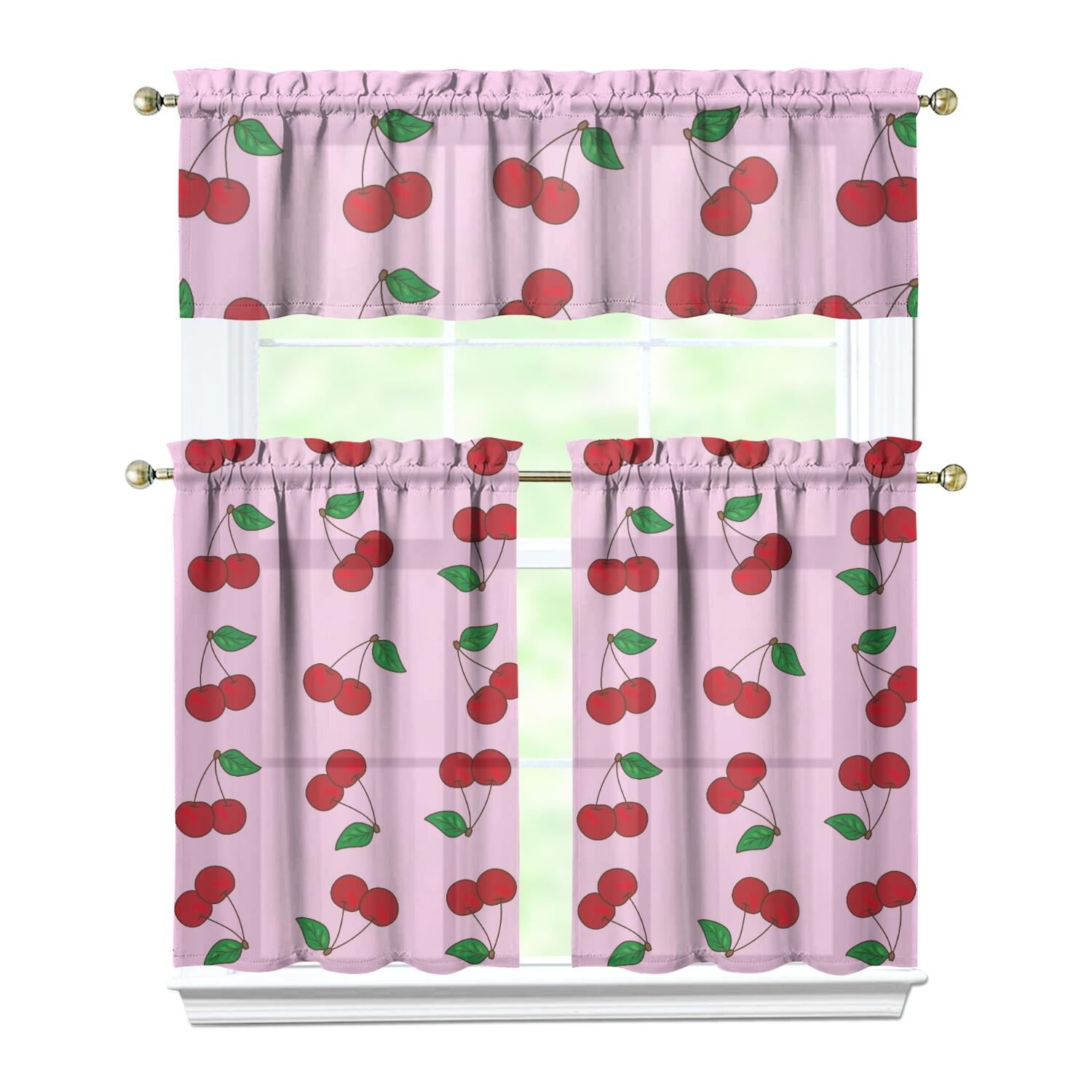 3 PCS Cherry Print Kitchen Curtains Set - Cute Fruit Pattern Tier & Valance, Semi-Sheer Red ...
