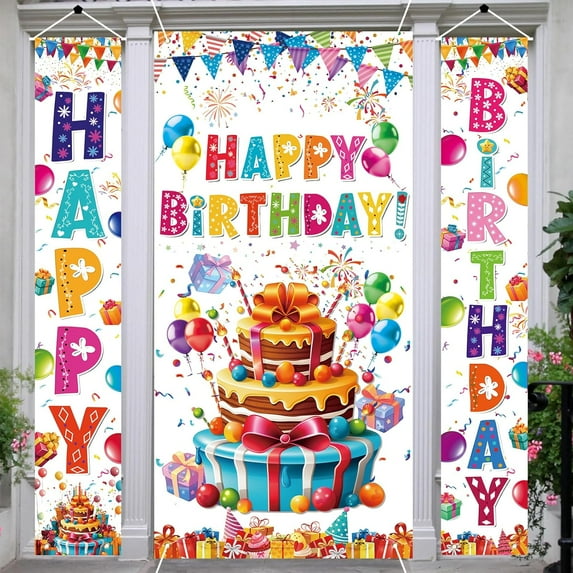 3 PCS Colorful Happy Birthday Banner Door Cover Porch Sign Hanging ...