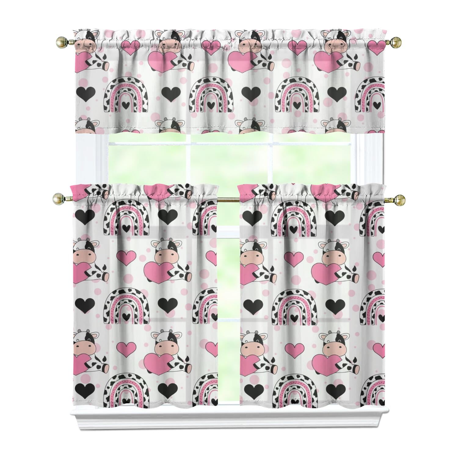 3 PCS Cow Print Kitchen Curtains Set - Farmhouse Tier Curtains with ...