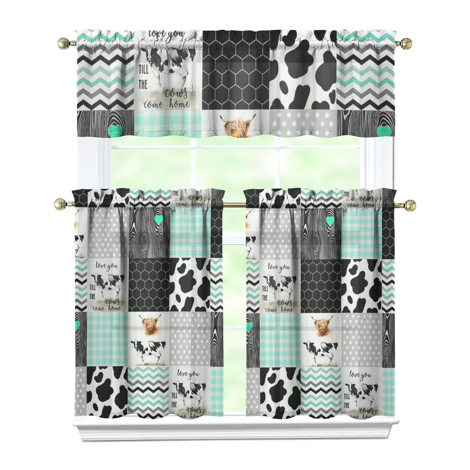 3 PCS Cow Print Kitchen Curtains Set - Farmhouse Tier Curtains with ...