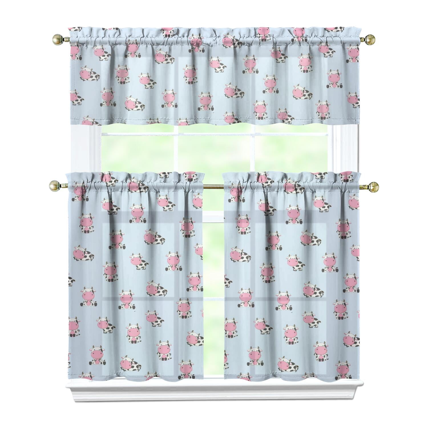 3 PCS Cow Print Kitchen Curtains Set - Farmhouse Tier Curtains with ...