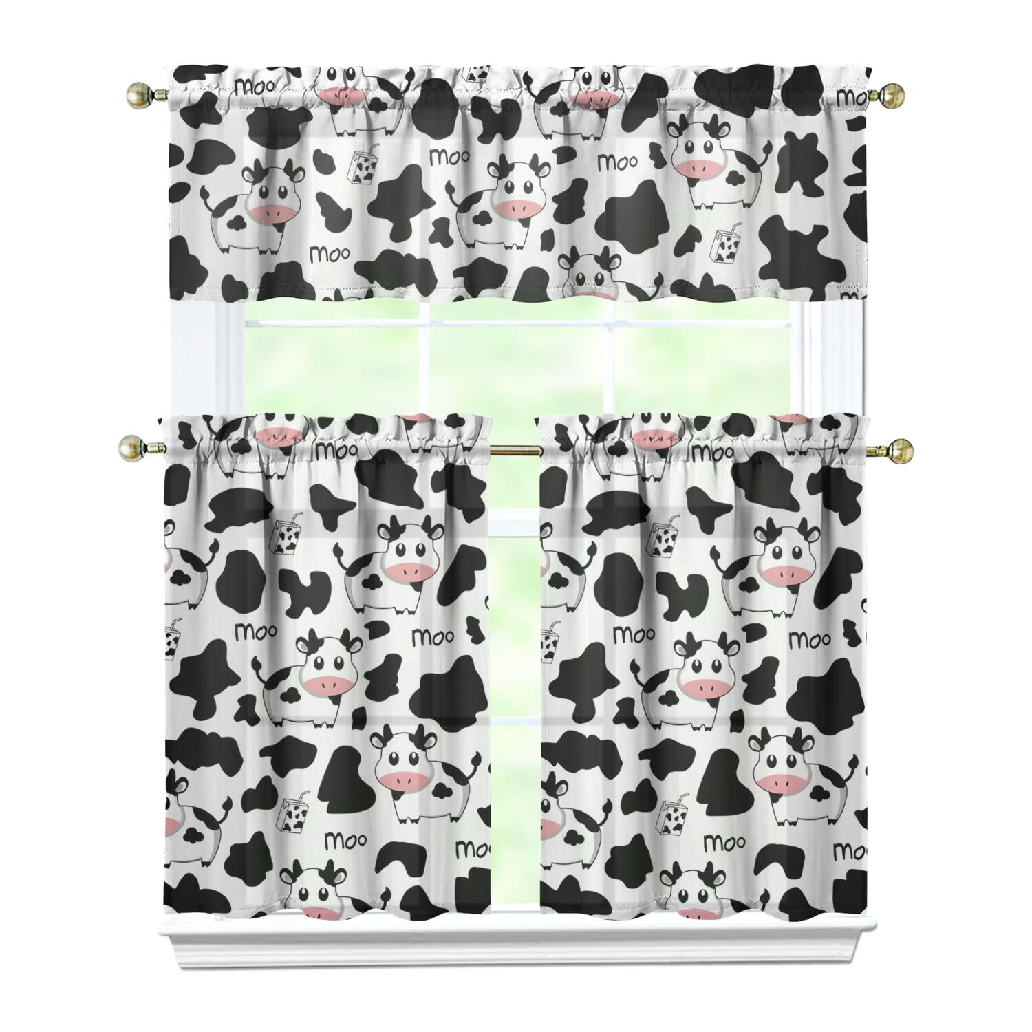 3 PCS Cow Print Kitchen Curtains Set - Farmhouse Tier Curtains with ...