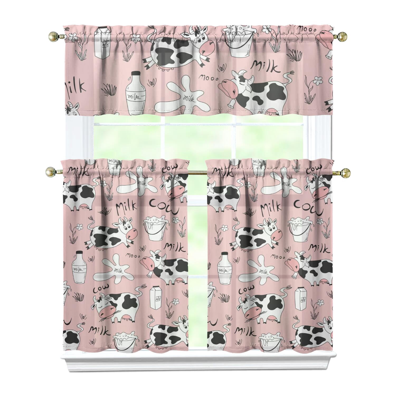 3 PCS Cow Print Kitchen Curtains Set - Farmhouse Tier Curtains with ...