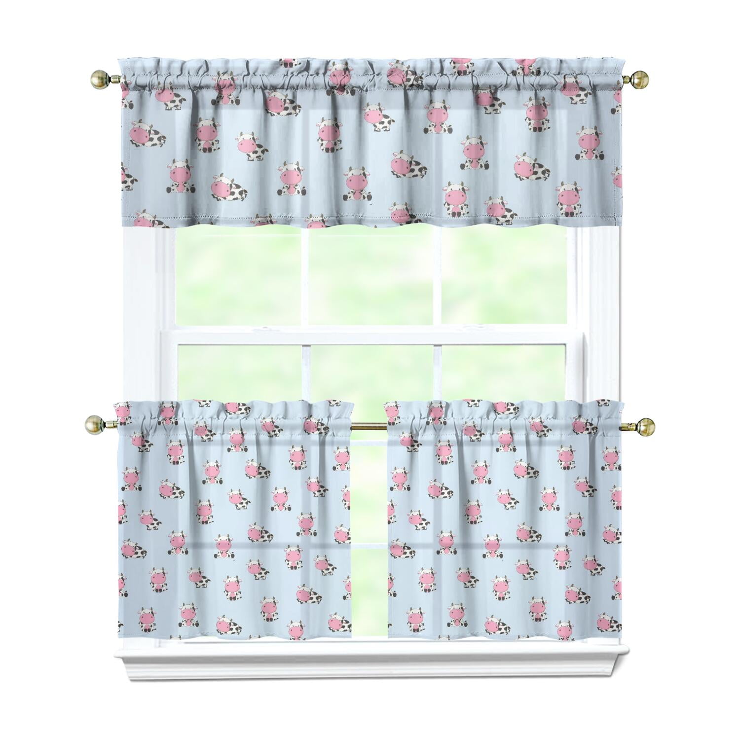 3 PCS Cow Print Kitchen Curtains Set with Valance - Farmhouse Tier ...