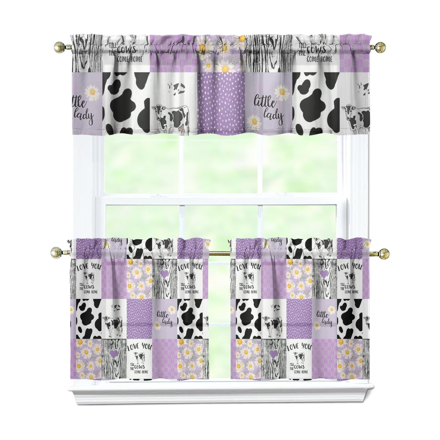 3 PCS Cow Print Kitchen Curtains Set with Valance - Farmhouse Tier ...