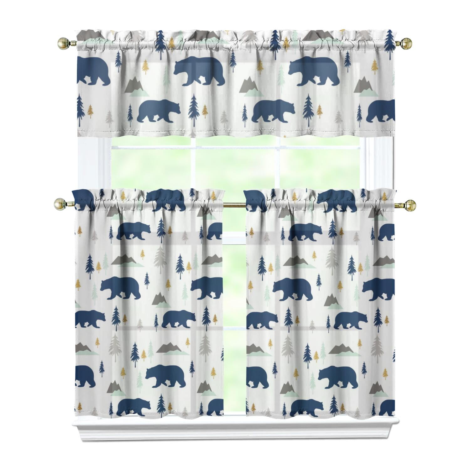 3 PCS Cute Bear Kitchen Curtains - Polar Bear Cartoon Print, Brown ...