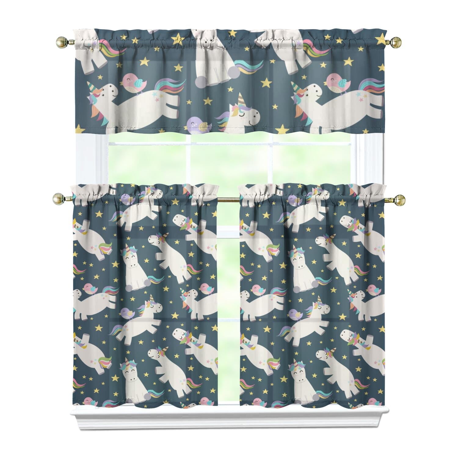 3 PCS Cute Unicorn Tier Curtains Set, Rainbow Mythical Horse Print ...